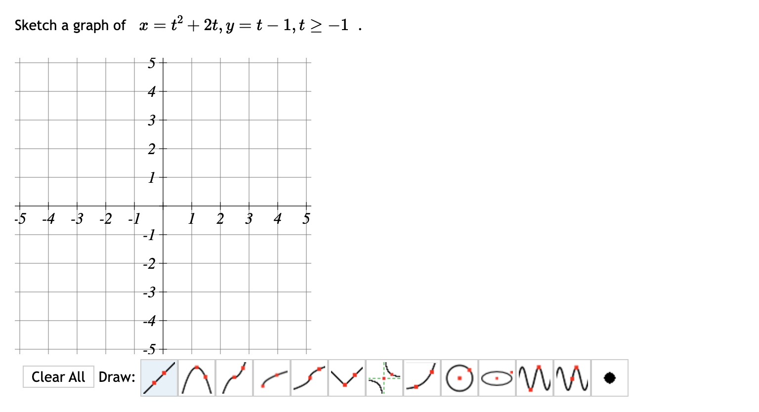 Solved Sketch a graph of x=t2+2t,y=t-1,t≥-1.Clear | Chegg.com
