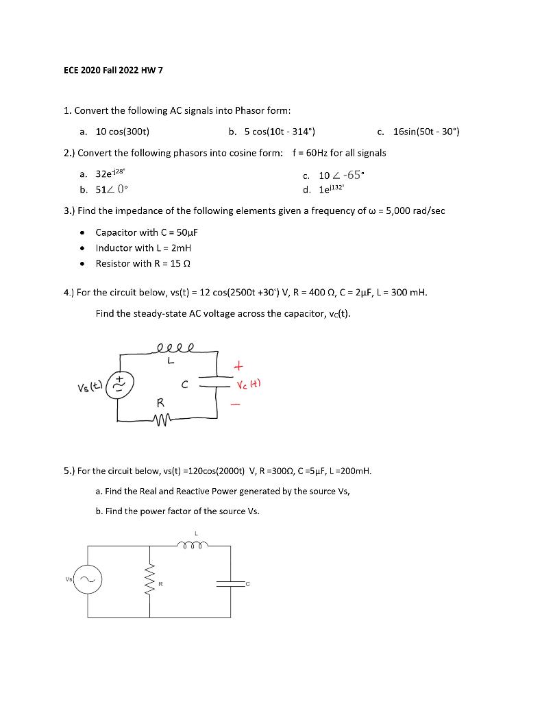 Solved 1. Convert the following AC signals into Phasor form: | Chegg.com