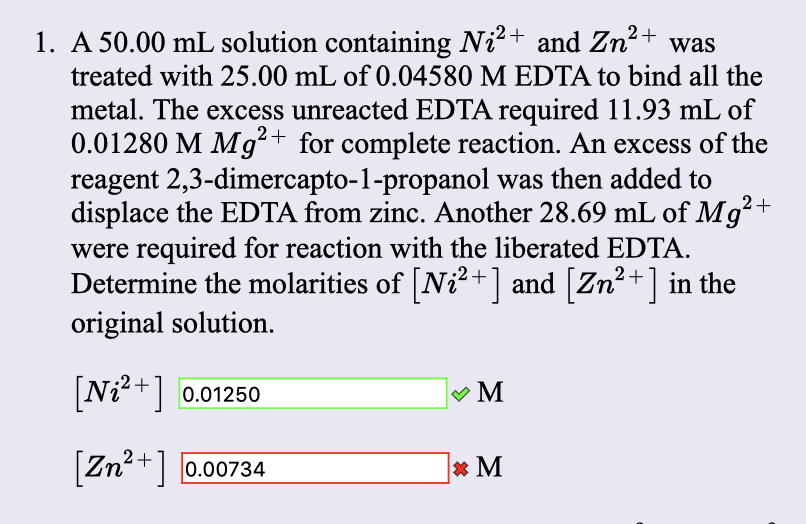 Solved 1. A 50.00 mL solution containing Ni2+ and Zn²+ was | Chegg.com