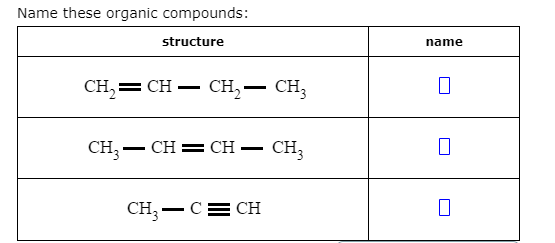 Solved Name these organic compounds: structure name CH = CH | Chegg.com