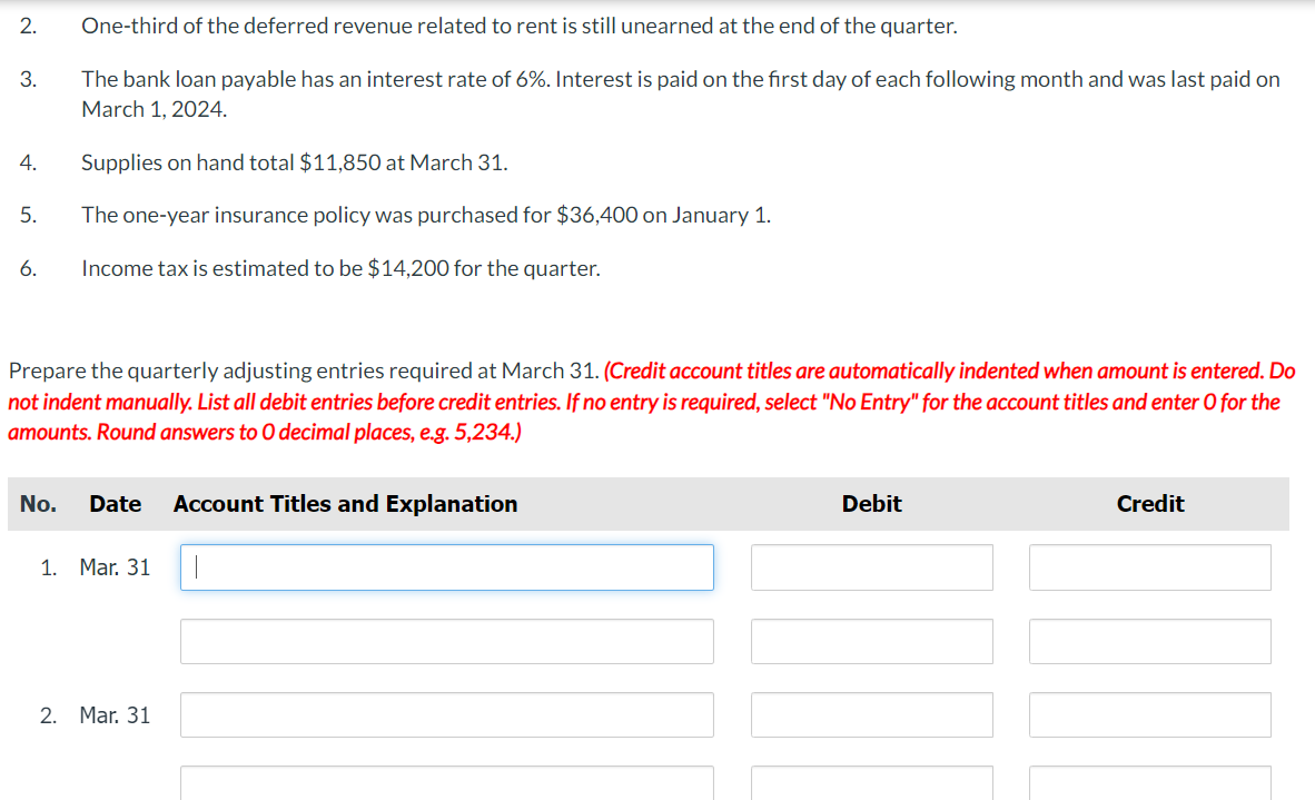 Solved 2. One-third of the deferred revenue related to rent | Chegg.com
