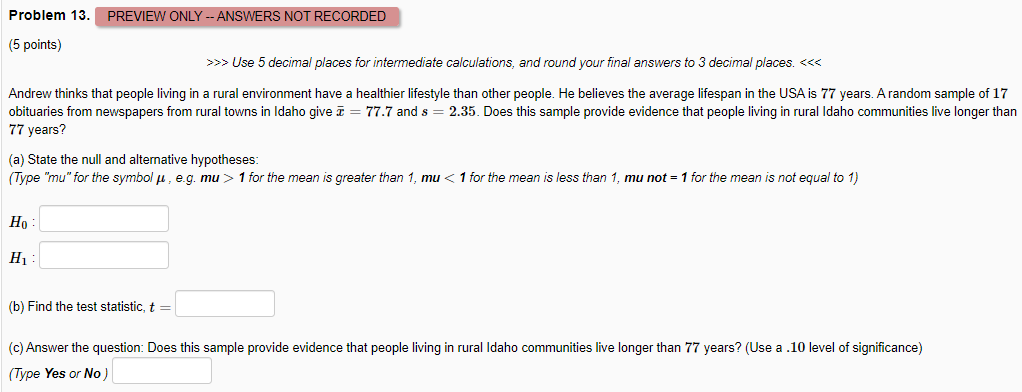 Solved Problem 13. PREVIEW ONLY -- ANSWERS NOT RECORDED (5 | Chegg.com