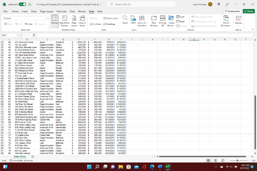 AutoSave On Thomas_EXP13_Excel_Cho4_Assessment_Homes. | Chegg.com