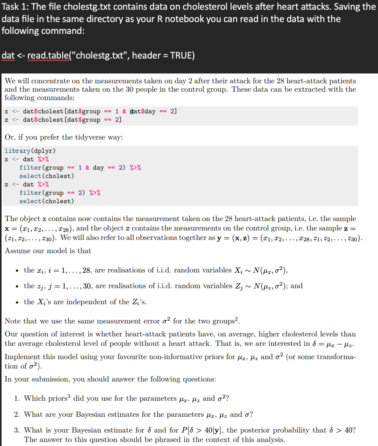 Solved Task 1: The file cholestg.txt contains data on | Chegg.com