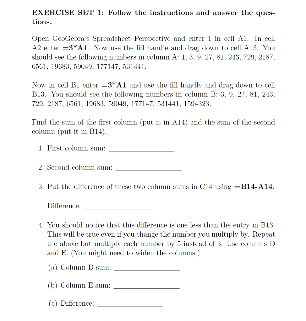 Solved EXERCISE SET 1: Follow the instructions and answer | Chegg.com
