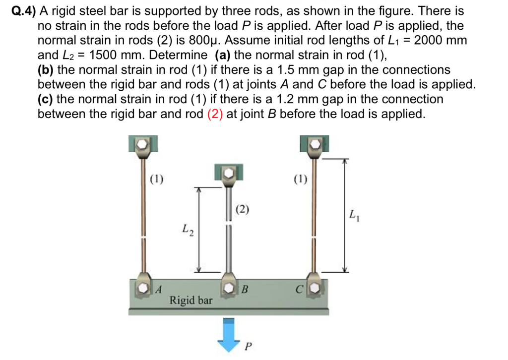Solved Q.4) A rigid steel bar is supported by three rods, as | Chegg.com