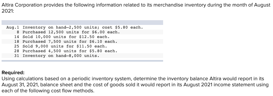 Solved Altira Corporation provides the following information | Chegg.com