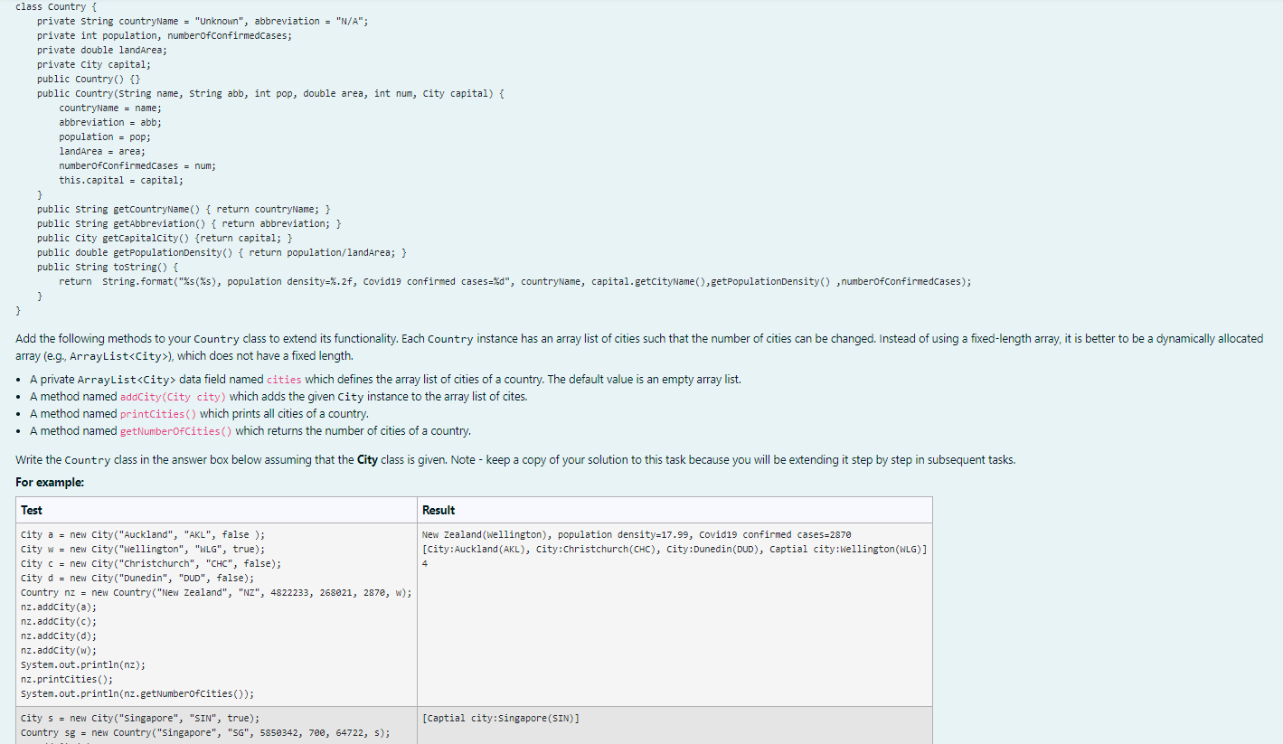 Solved Java class City { private String cityName = | Chegg.com