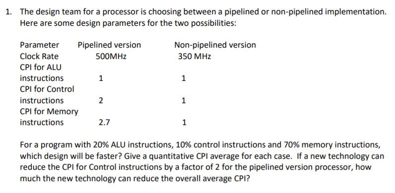 Solved 1. The design team for a processor is choosing | Chegg.com