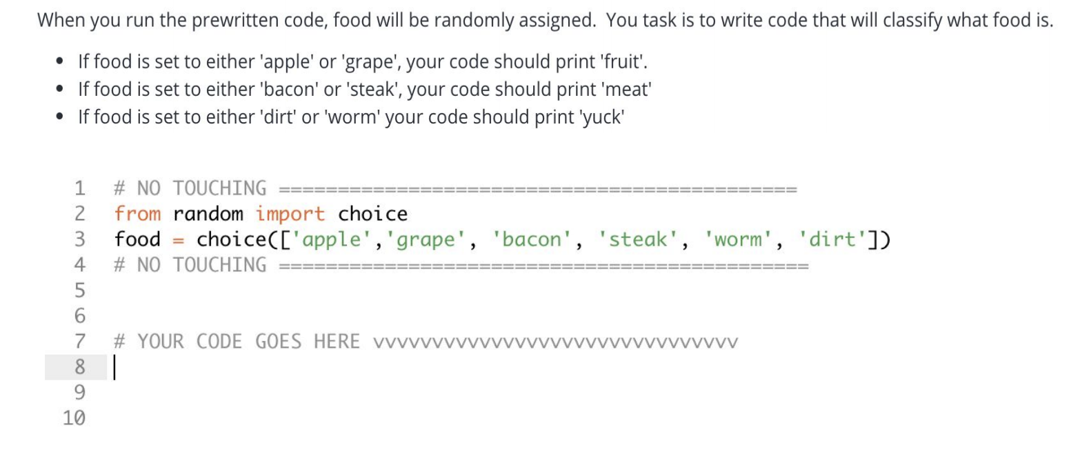 Solved When you run the prewritten code, food will be | Chegg.com