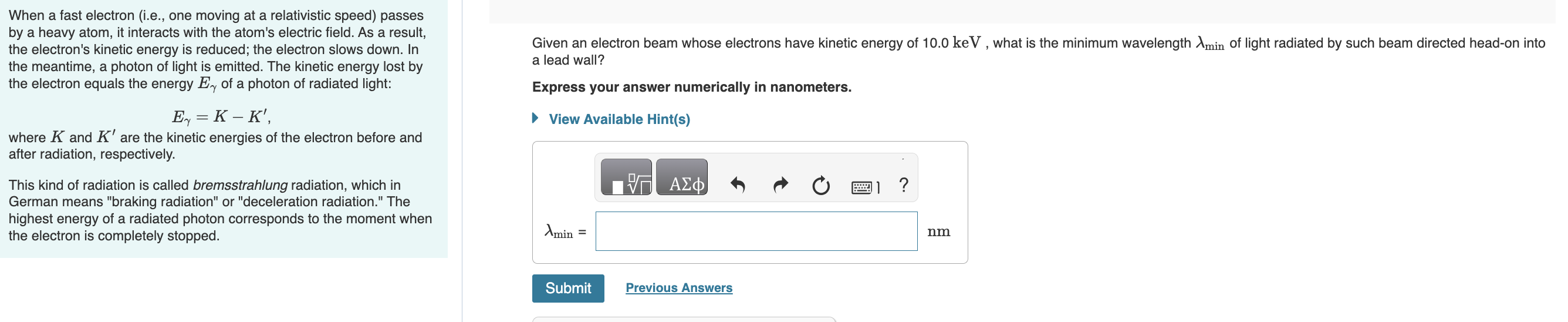 Solved When a fast electron (i.e., ﻿one moving at a | Chegg.com