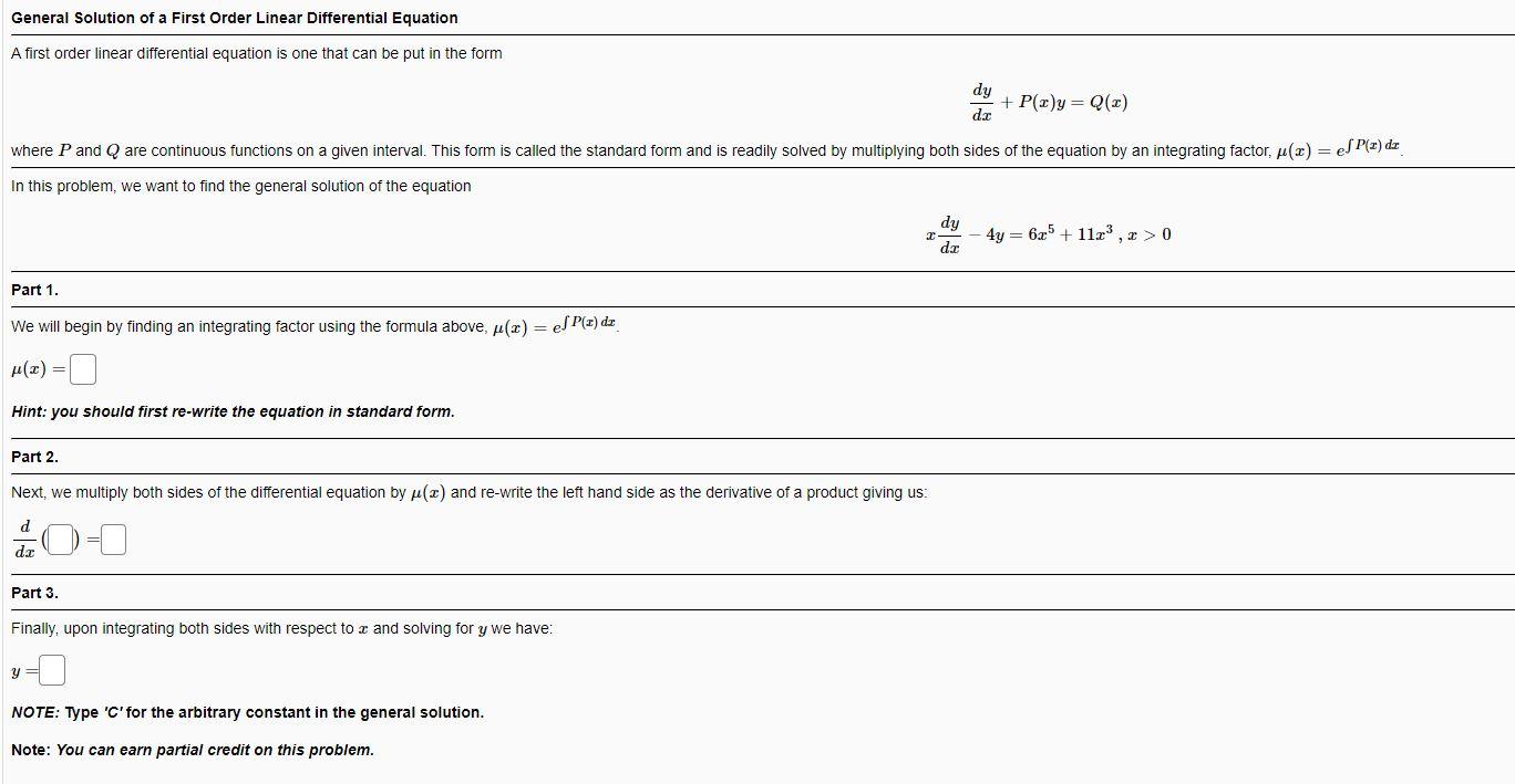 Solved General Solution Of A First Order Linear Differential 2879