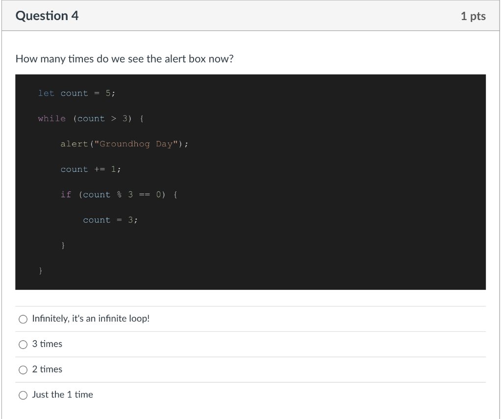 Solved How many times do we see the alert box now? let count | Chegg.com