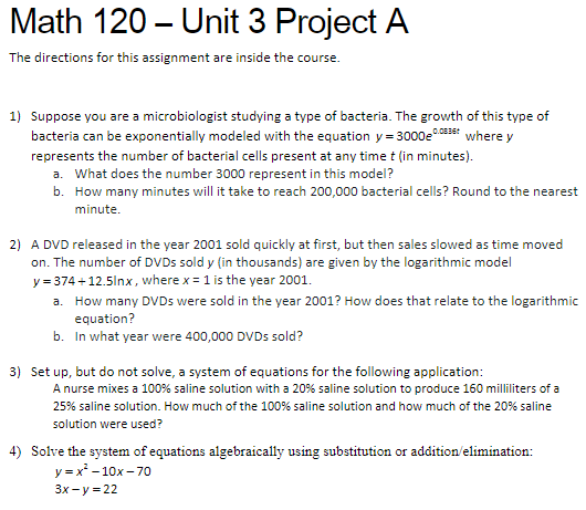 Solved Math 120 - Unit 3 Project A The directions for this | Chegg.com