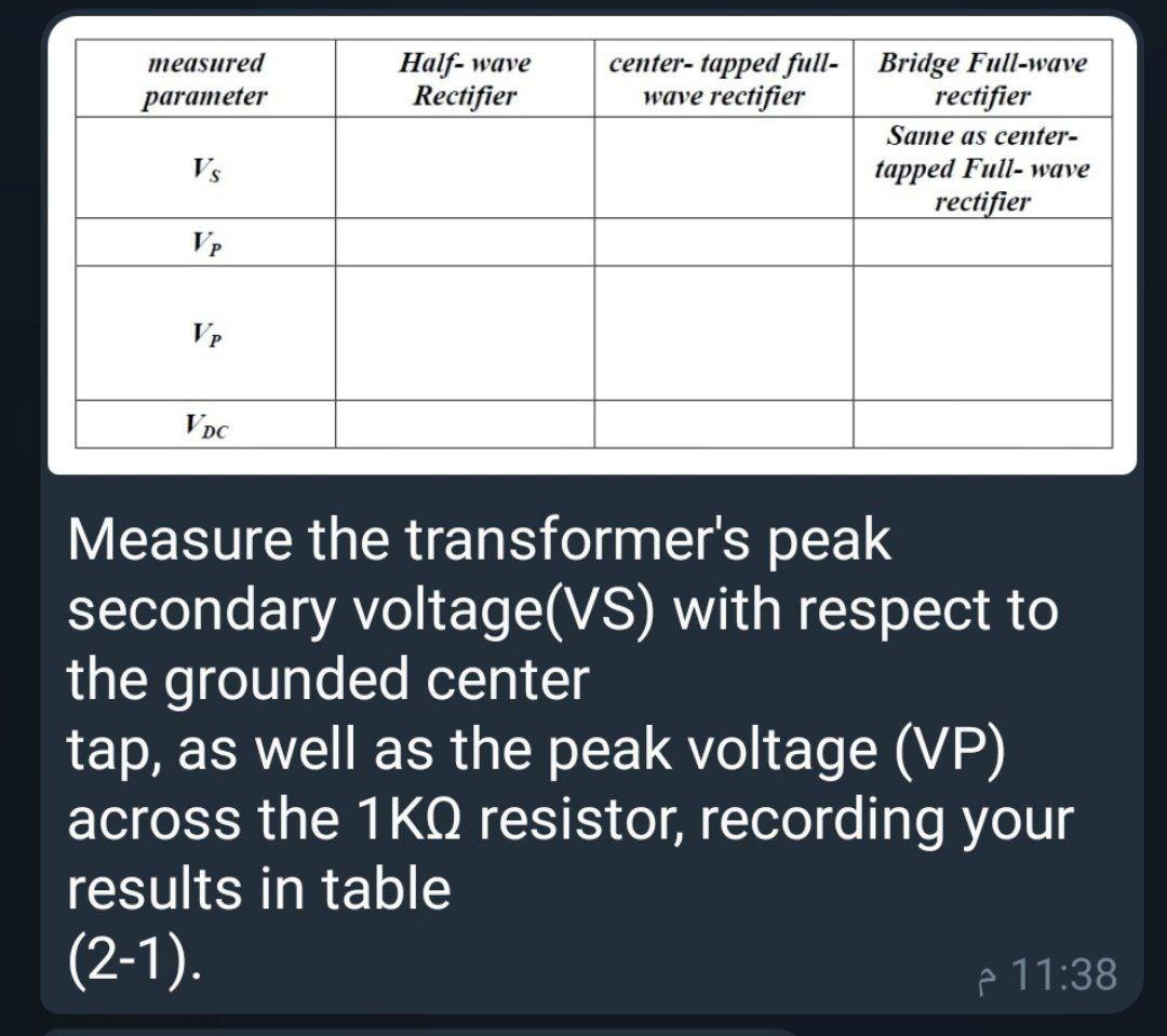 Solved measured parameter Half-wave Rectifier center- tapped | Chegg.com