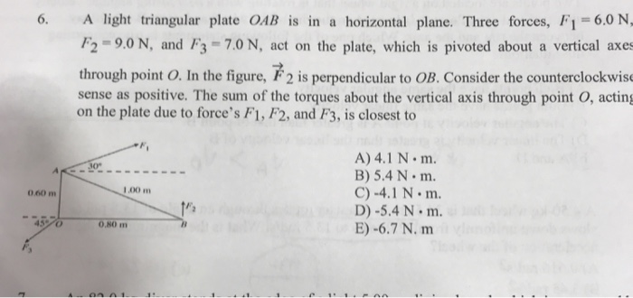 Solved 6. A light triangular plate OAB is in a horizontal | Chegg.com