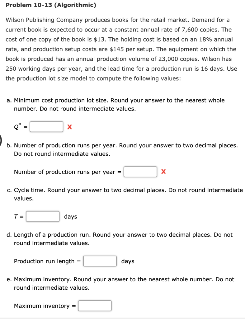 Solved Problem 10-13 (Algorithmic) Wilson Publishing Company | Chegg.com