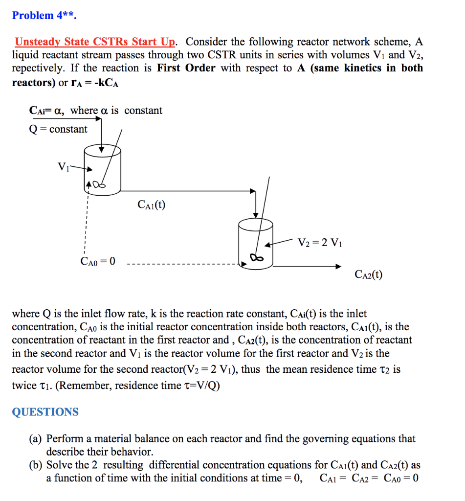 Solved Problem 4**. Unsteady State CSTRs Start Up. Consider | Chegg.com
