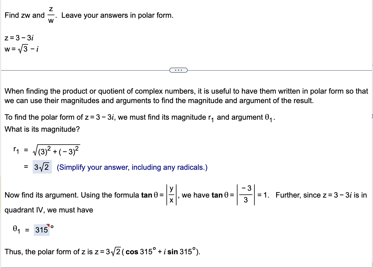 Solved Find zw and wz. Leave your answers in polar form. | Chegg.com
