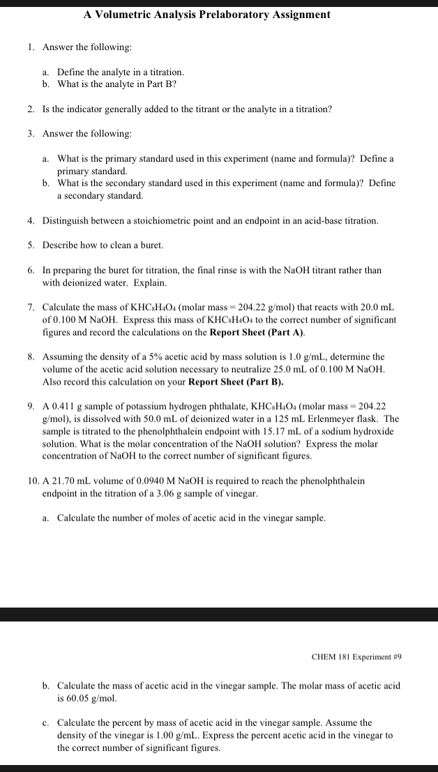 A Volumetric Analysis Prelaboratory Assignment 1. | Chegg.com