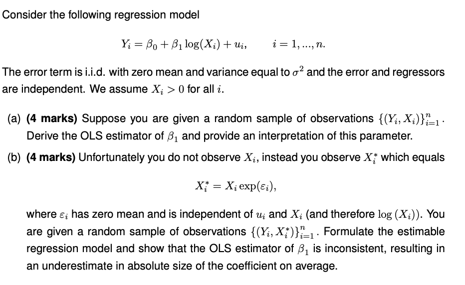 Solved Consider the following regression model Y; = Bo + Bi | Chegg.com