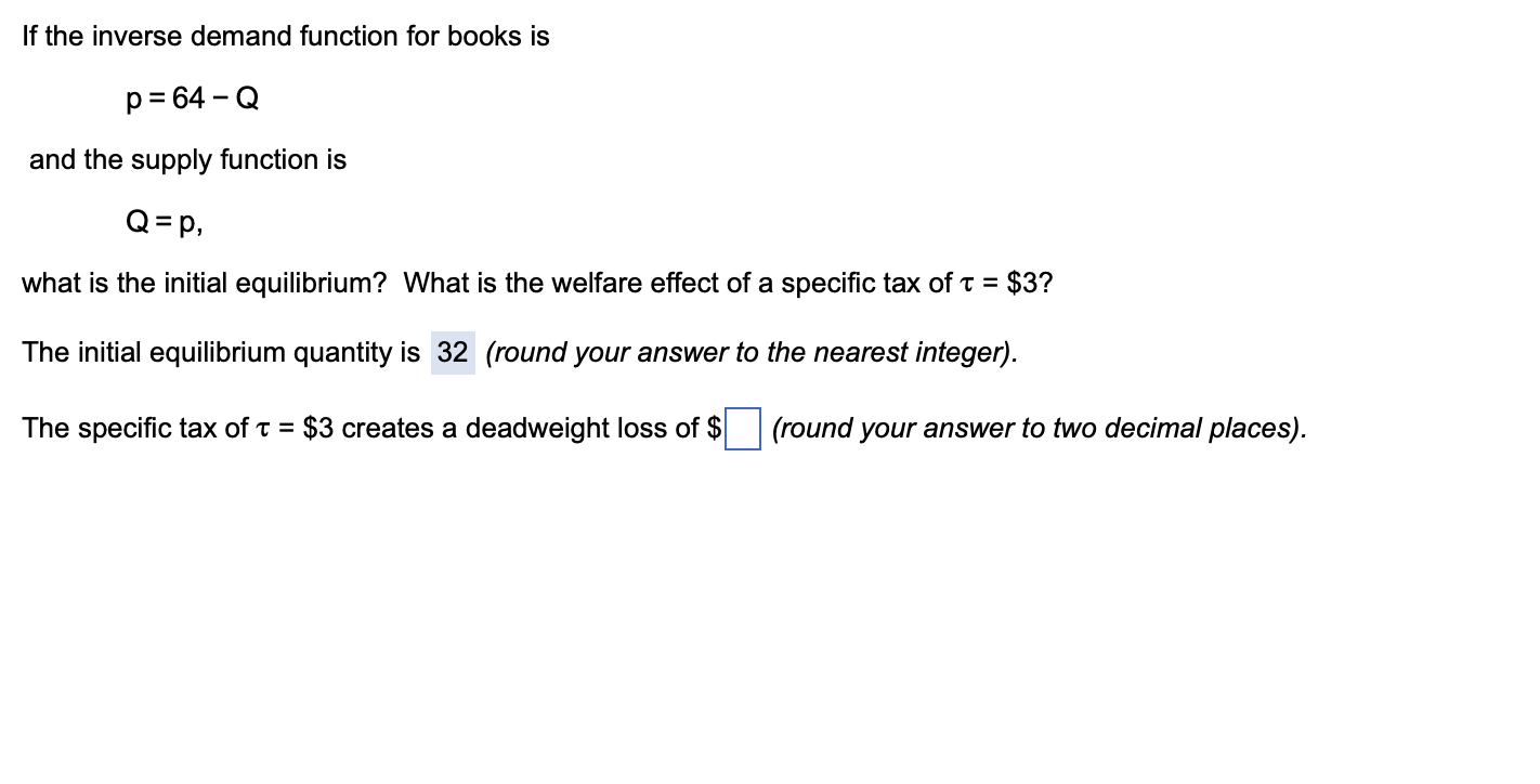 Solved If the inverse demand function for books is p=64−Q | Chegg.com
