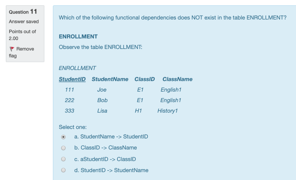 Solved Question 5 Table ENROLLMENT is: Answer saved Points | Chegg.com