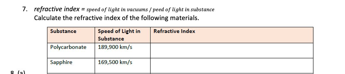 Solved 7. refractive index = speed of light in vacuums / | Chegg.com
