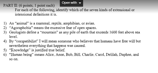 Solved PART II: (6 points, 1 point each) Open with For each | Chegg.com