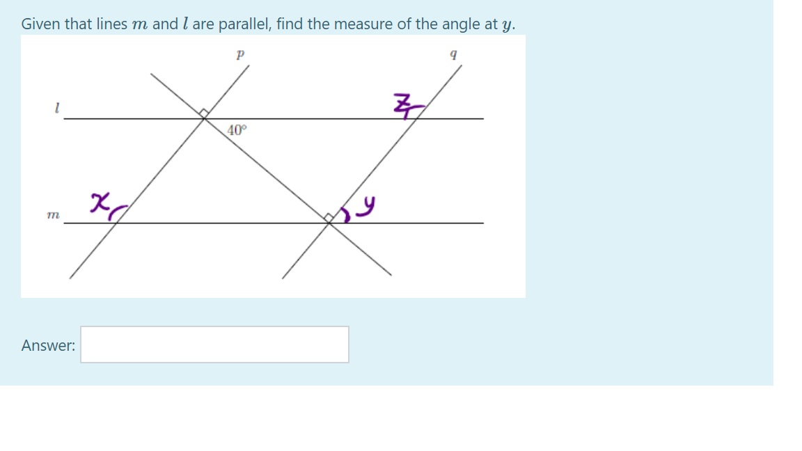 Solved Given that lines m and I are parallel, find the | Chegg.com