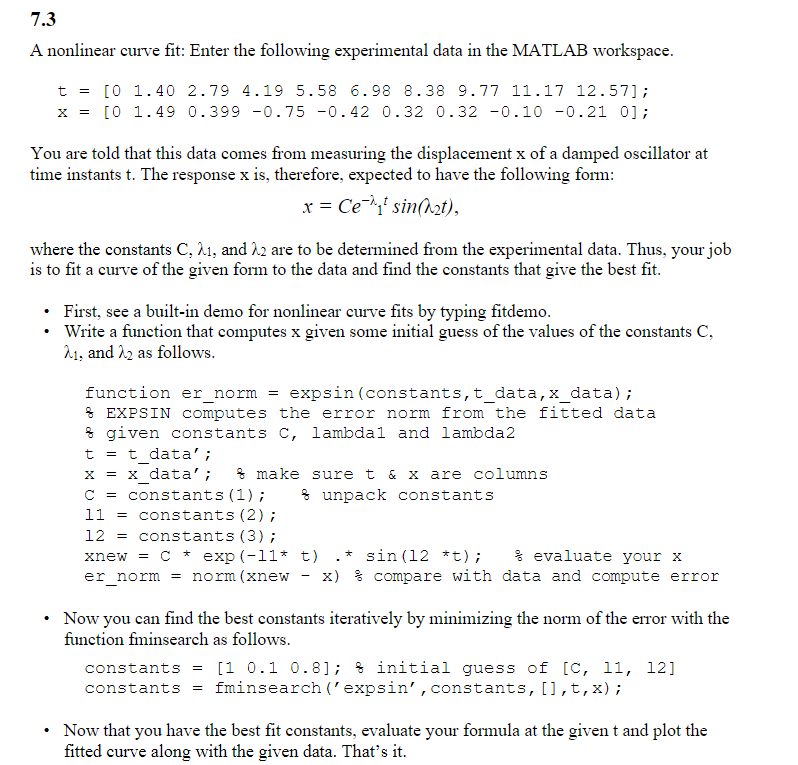 Solved 7.3 A nonlinear curve fit: Enter the following | Chegg.com
