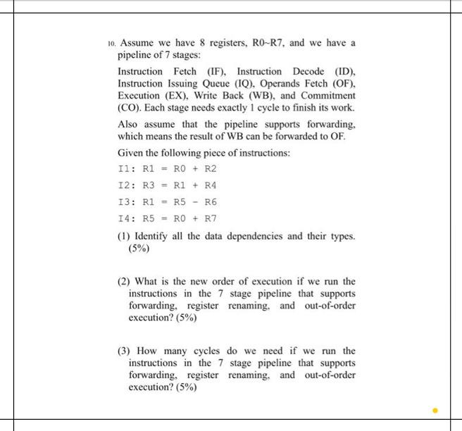 Solved 10. Assume we have 8 registers, RO-R7, and we have a | Chegg.com