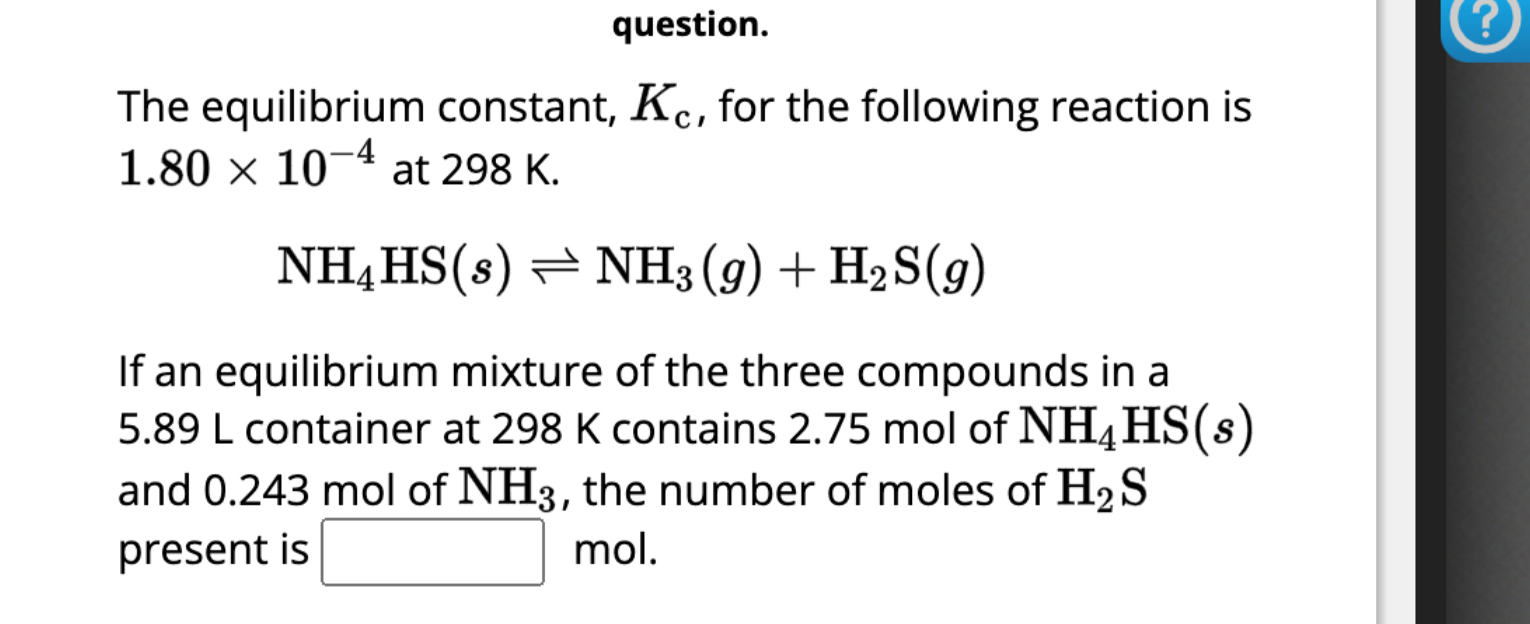 Solved question.The equilibrium constant, Kc, ﻿for the | Chegg.com