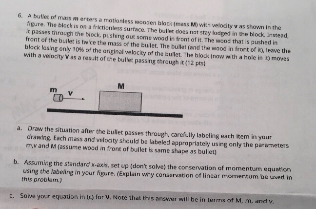 Solved A bullet of mass m enters a motionless wooden block | Chegg.com