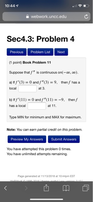 Solved 10:441 을 webwork.uncc.edu Sec4.3: Problem 4 Previous | Chegg.com