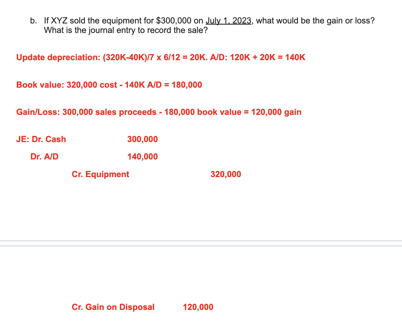 Solved b. If XYZ ﻿sold the equipment for $300,000 on ﻿July | Chegg.com