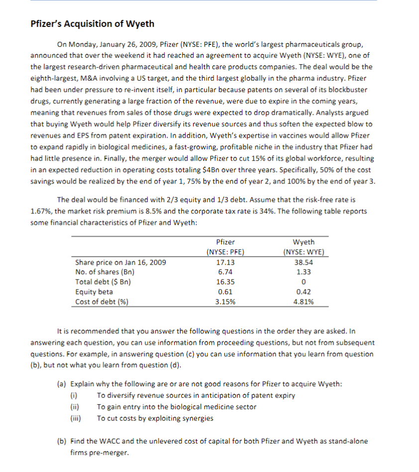 Solved Pfizer's Acquisition of Wyeth On Monday, January 26, | Chegg.com