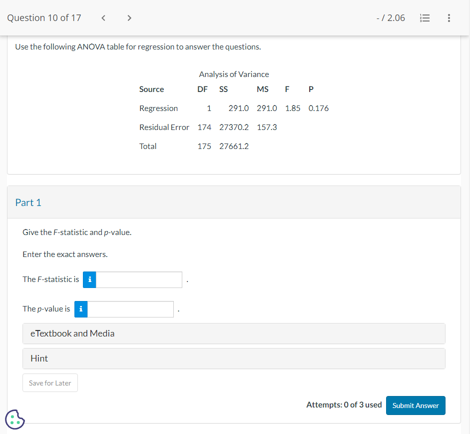 Solved Use the following ANOVA table for regression to | Chegg.com
