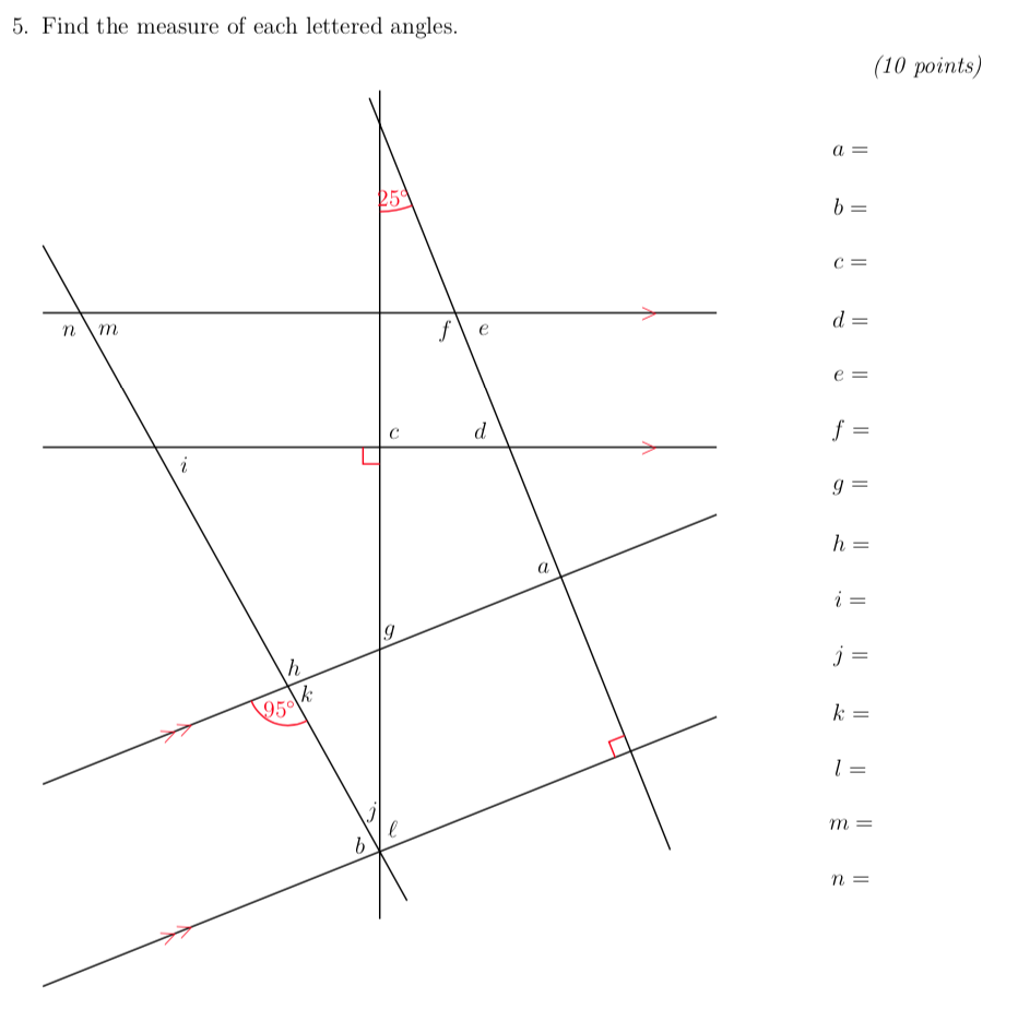 Solved 5. Find the measure of each lettered angles. (10 | Chegg.com