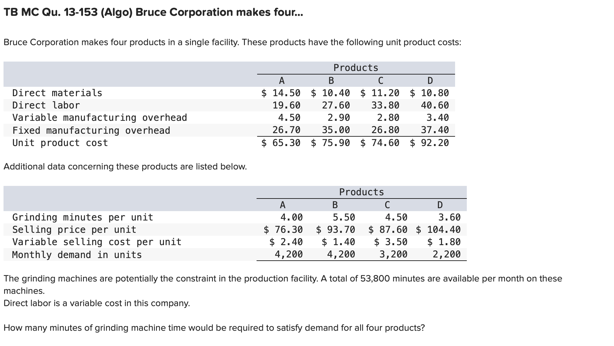 Solved TB MC Qu. 13-153 (Algo) Bruce Corporation makes | Chegg.com