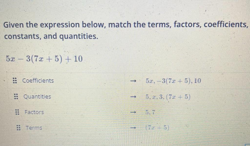 Solved Given the expression below, match the terms, factors, | Chegg.com