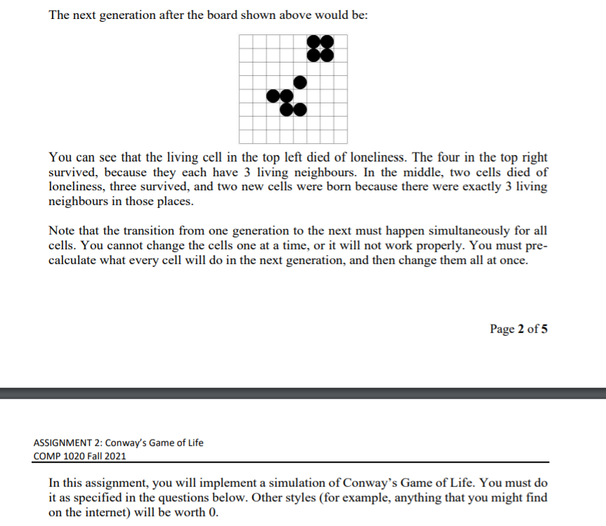 ASSIGNMENT 2: Conway's Game of Life COMP 1020 Fall | Chegg.com