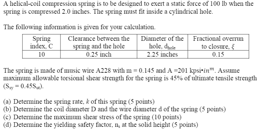 Solved A helical-coil compression spring is to be designed | Chegg.com