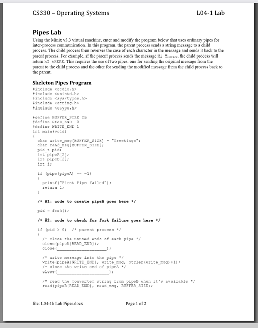 CS330 - Operating Systems L04-1 Lab Pipes Lab Using | Chegg.com