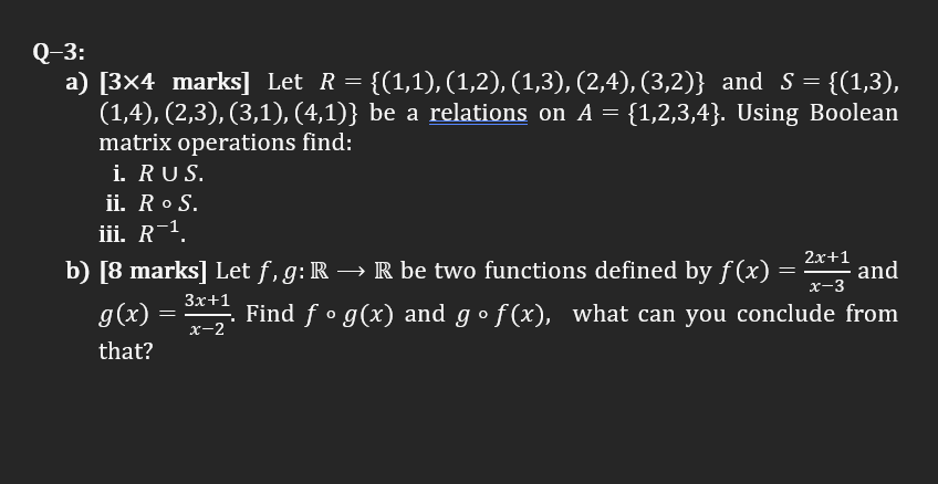 Solved Q-3: a) [3x4 marks] Let R = {(1,1),(1,2), (1,3), | Chegg.com