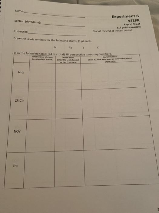 Name: Experiment 8 VSEPR Report Sheet 112 points | Chegg.com