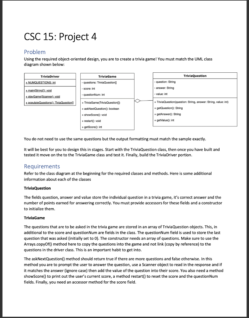 Solved CSC 15: Project 4 Problem Using the required | Chegg.com