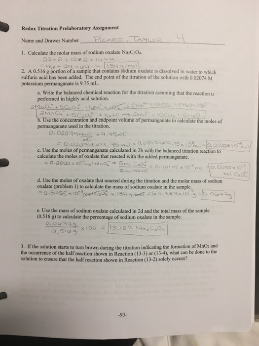 Redox Titration Prelaboratory Assignment Name and | Chegg.com