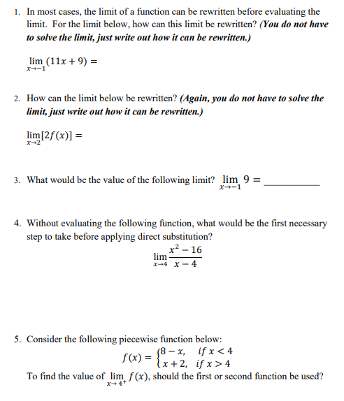 Solved 1. In most cases, the limit of a function can be | Chegg.com