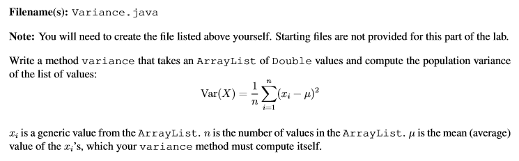 Solved Filename(s): Variance.java Note: You will need to | Chegg.com